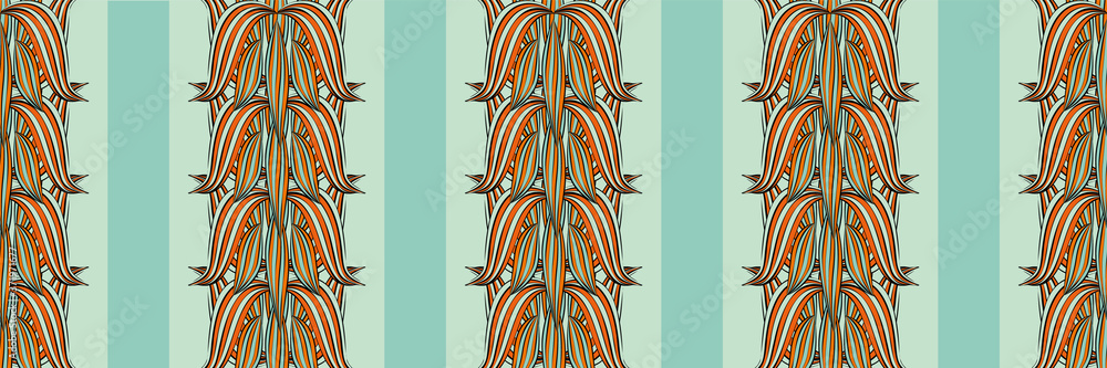 Vector border with ornamental linocut style leaves and stripes. Elegant ...