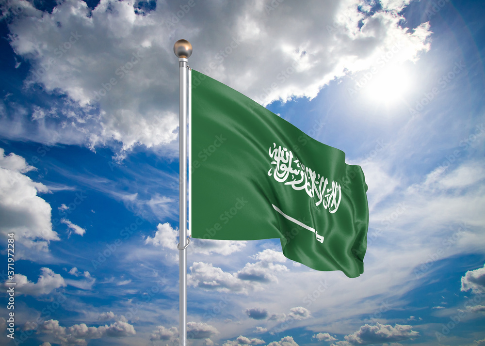 Realistic flag. 3D illustration. Colored waving flag of Saudi Arabia on ...