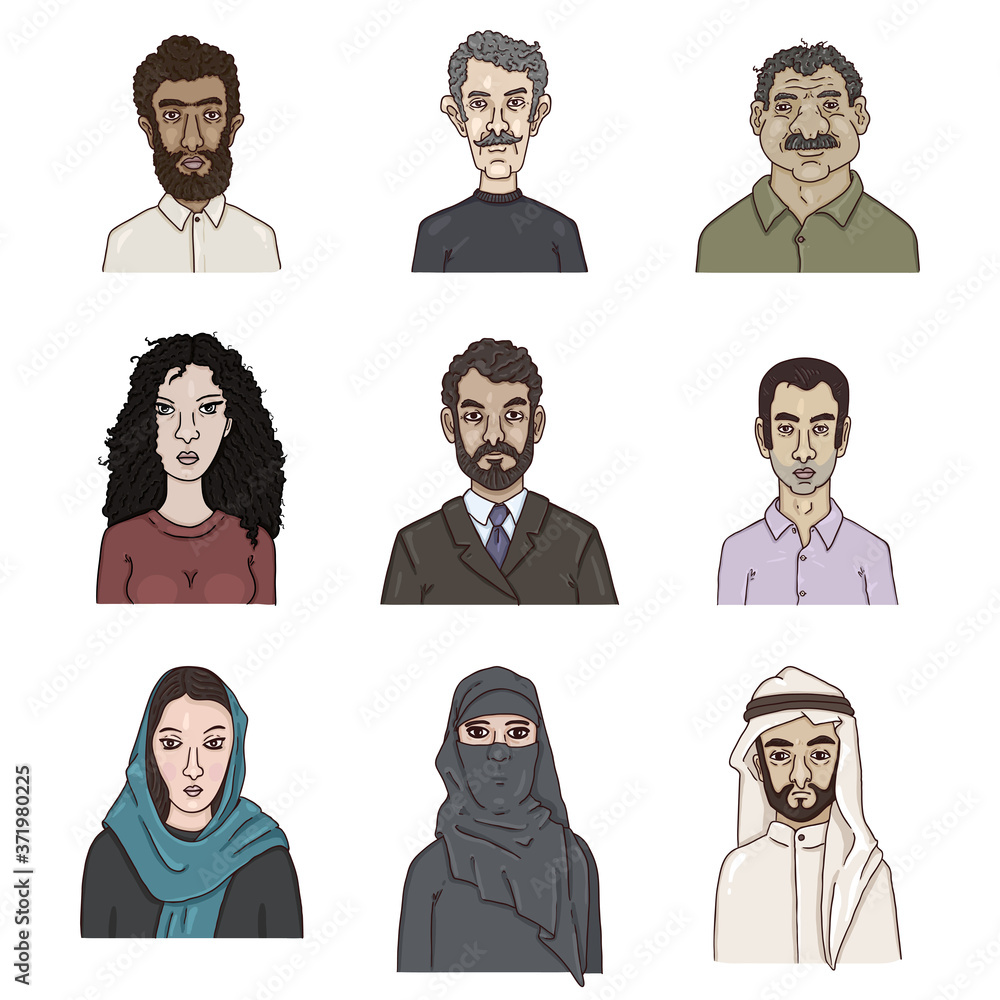 Vector Set of Cartoon Arabian Faces. Stock Vector | Adobe Stock