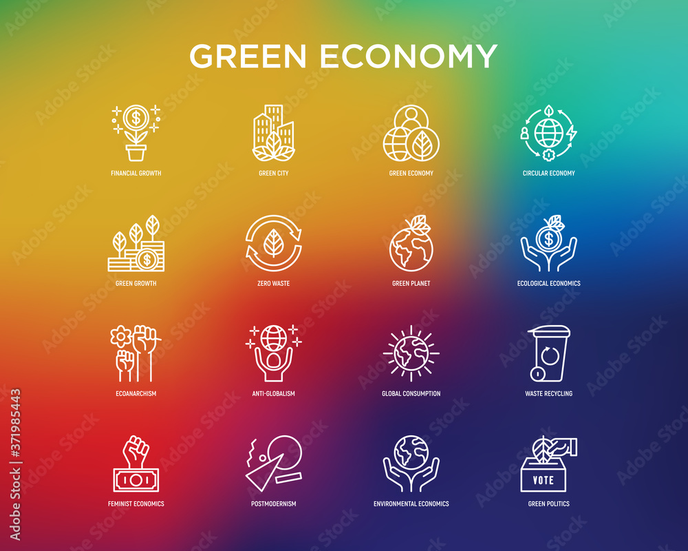 Green economy thin line icons set: financial growth, green city, zero ...