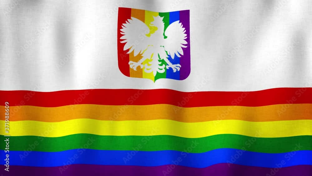 LGBT Gay Pride rainbow flag of Poland with coat of arms waving in the ...
