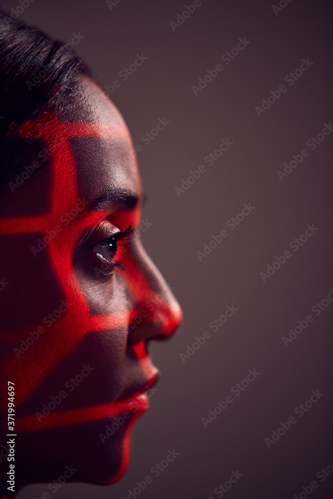 Facial Recognition Technology Concept As Woman Has Red Grid Projected ...