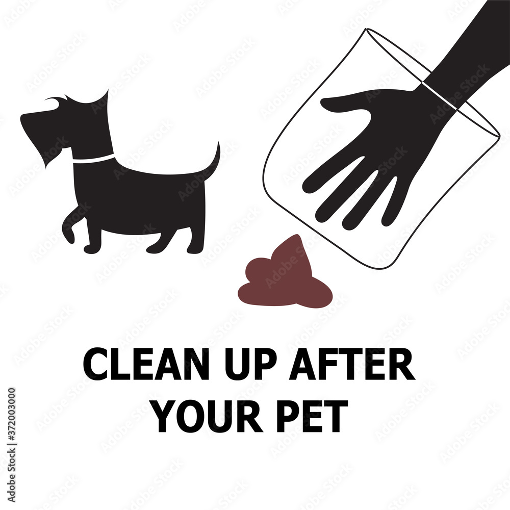 Funny dog pooping vector pictogram, symbol. Clean up your pet's poo ...