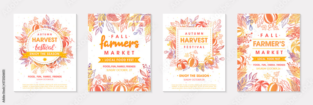 Set of autumn farmers market banners with leaves and floral elements ...