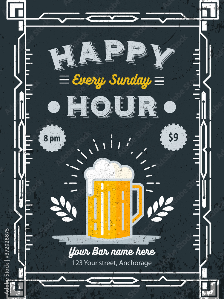 Art deco Geometric Happy Hours flyer, banner, or template design with ...