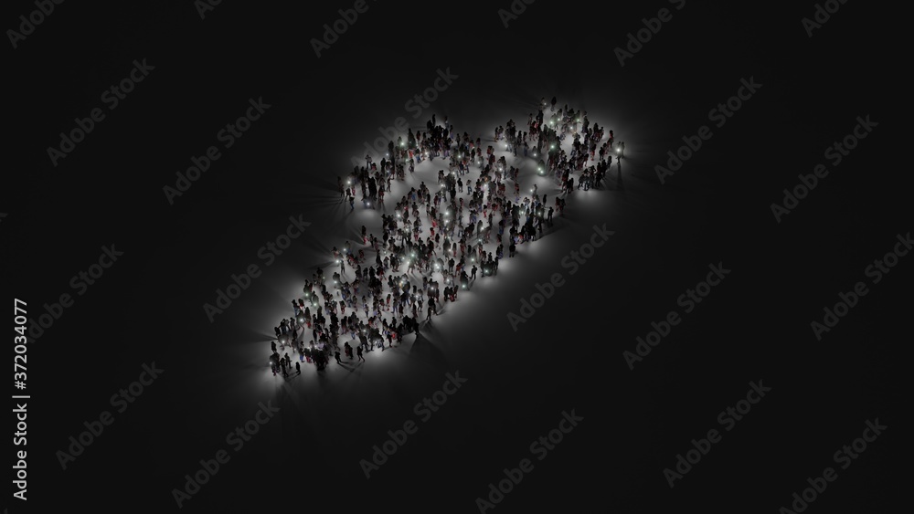 3d rendering of crowd of people with flashlight in shape of symbol of ...