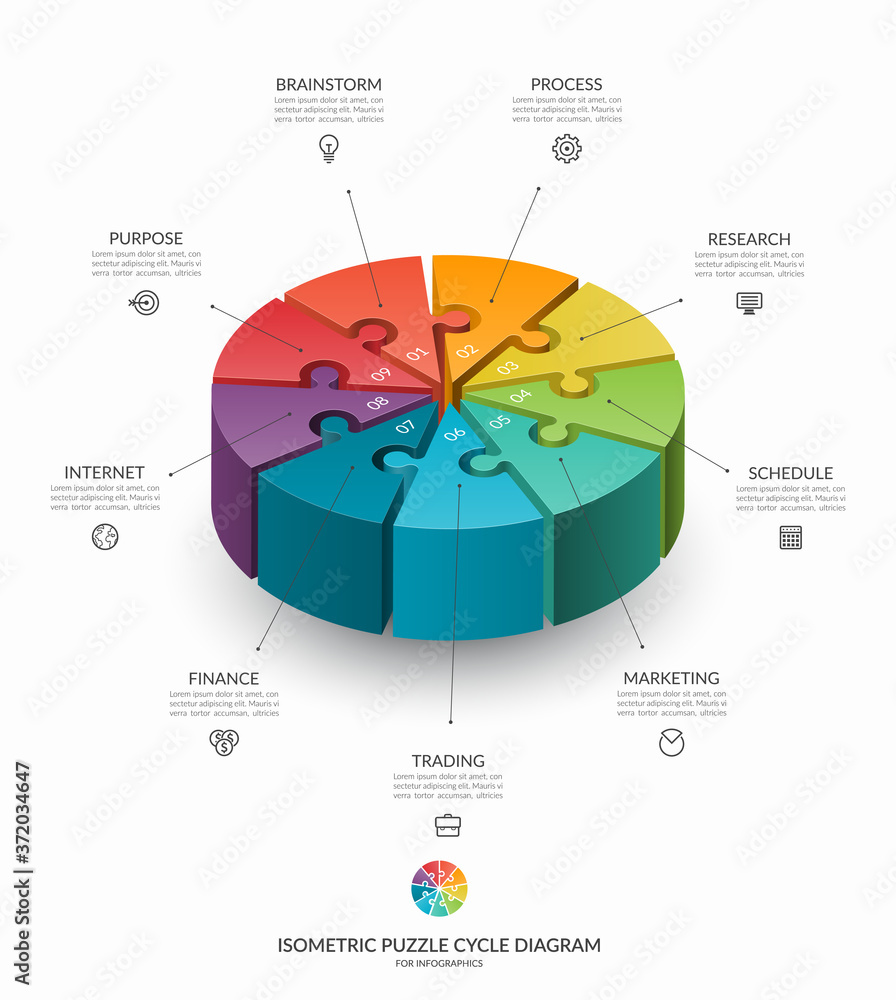 Infographic isometric puzzle circular template. Cycle diagram with 9 ...