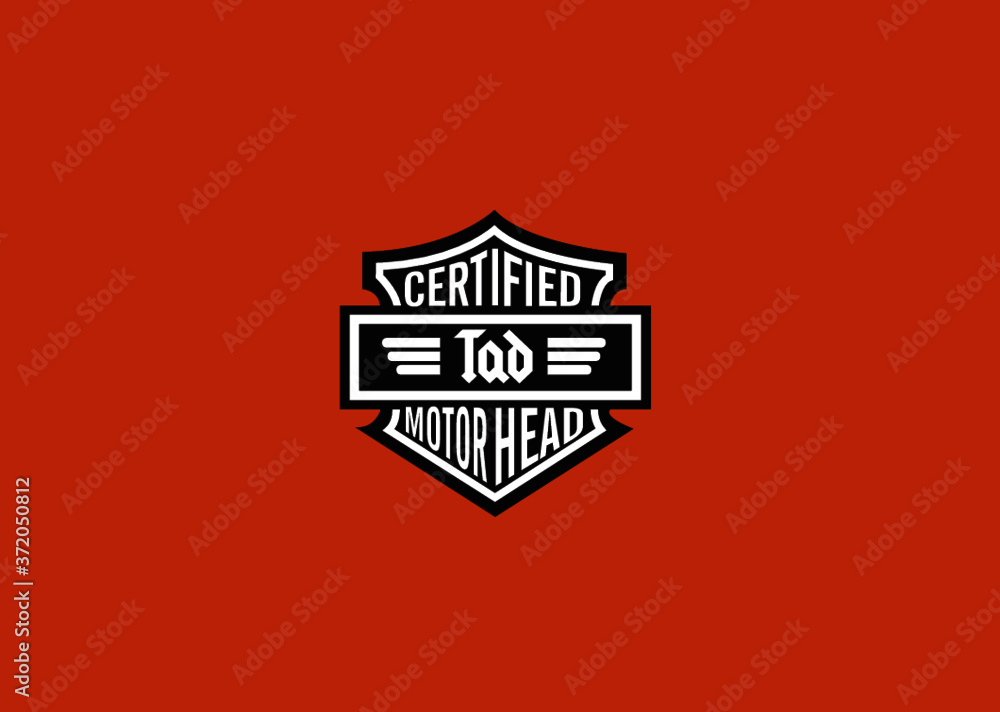 Tad Name Art Motor Head Theme Design Black and White Emblem with Orange ...