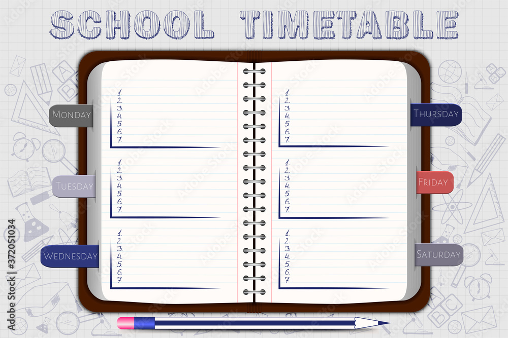School timetable template with blank cells to fill. Open notebook, top ...