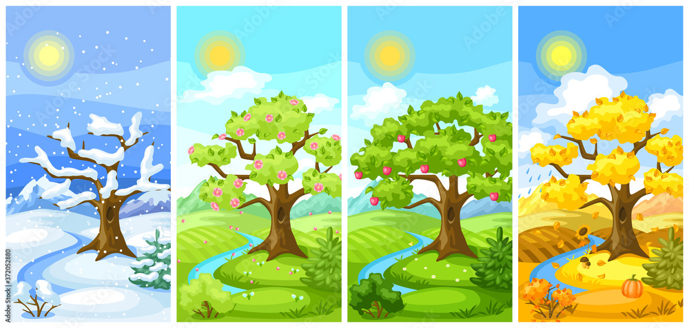 Four seasons landscape. Illustration with trees, mountains and hills in ...