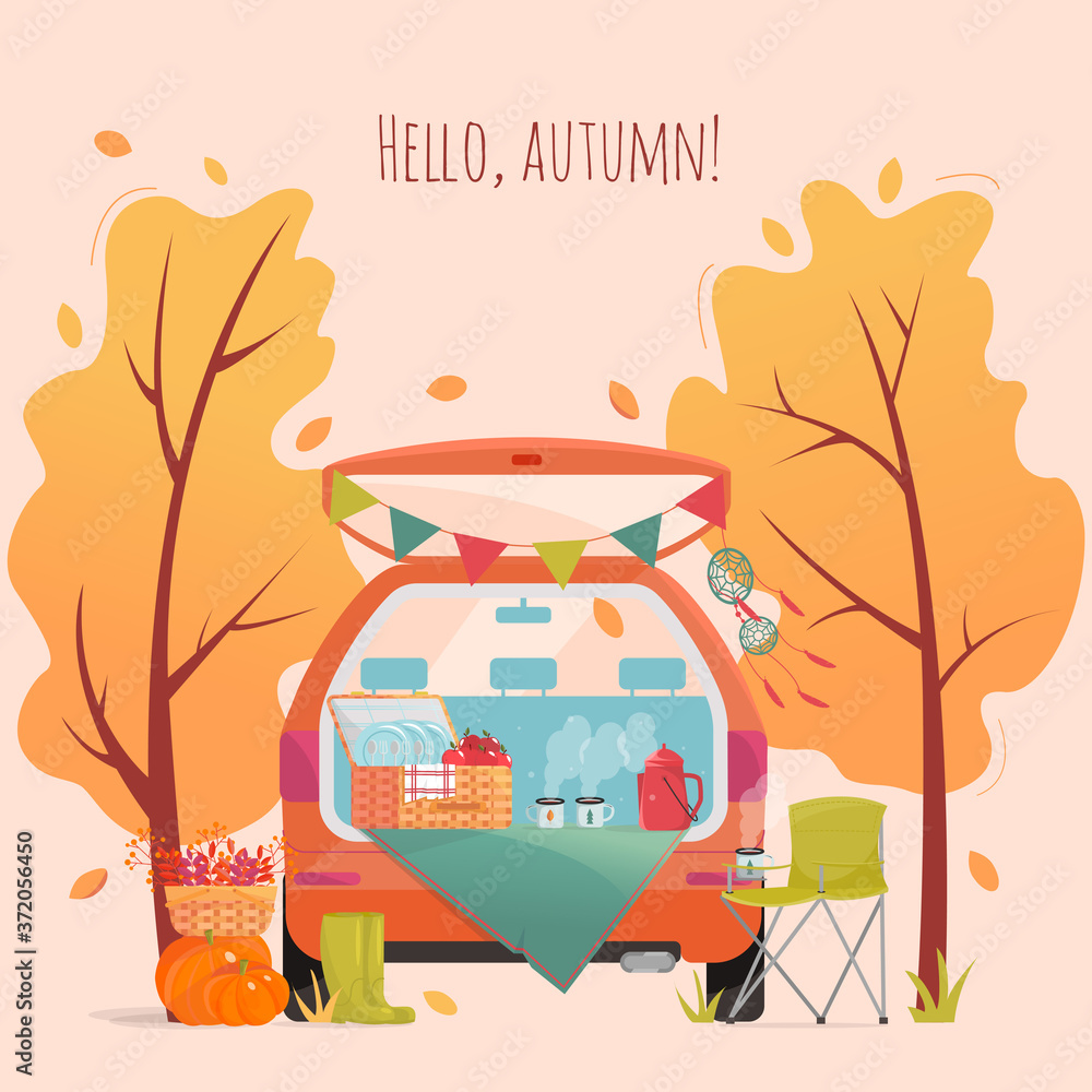 Hello Autumn flat cartoon vector illustration. Family picnic in the ...