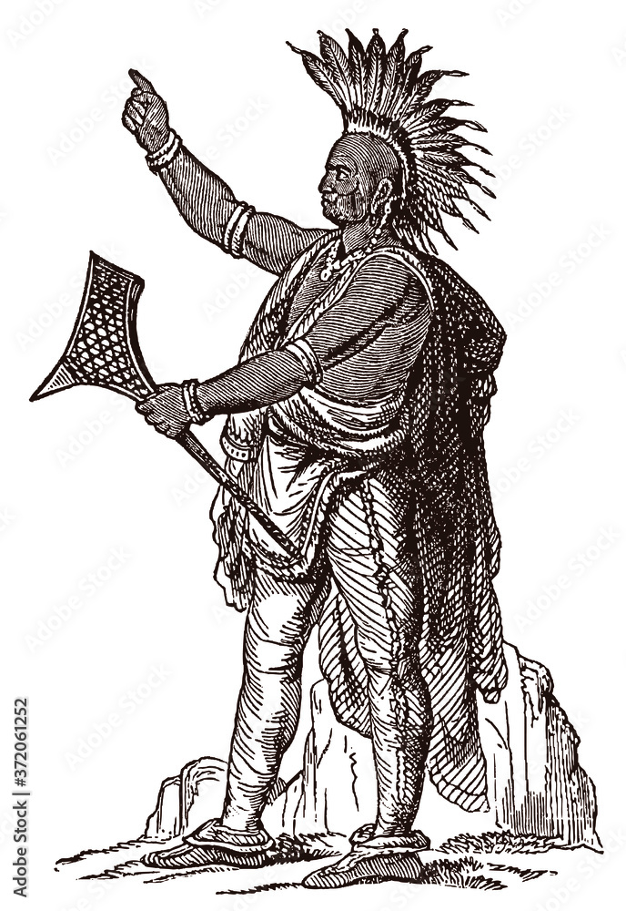 Pontiac, historic Ottawa chief in full body view, holding war club and ...