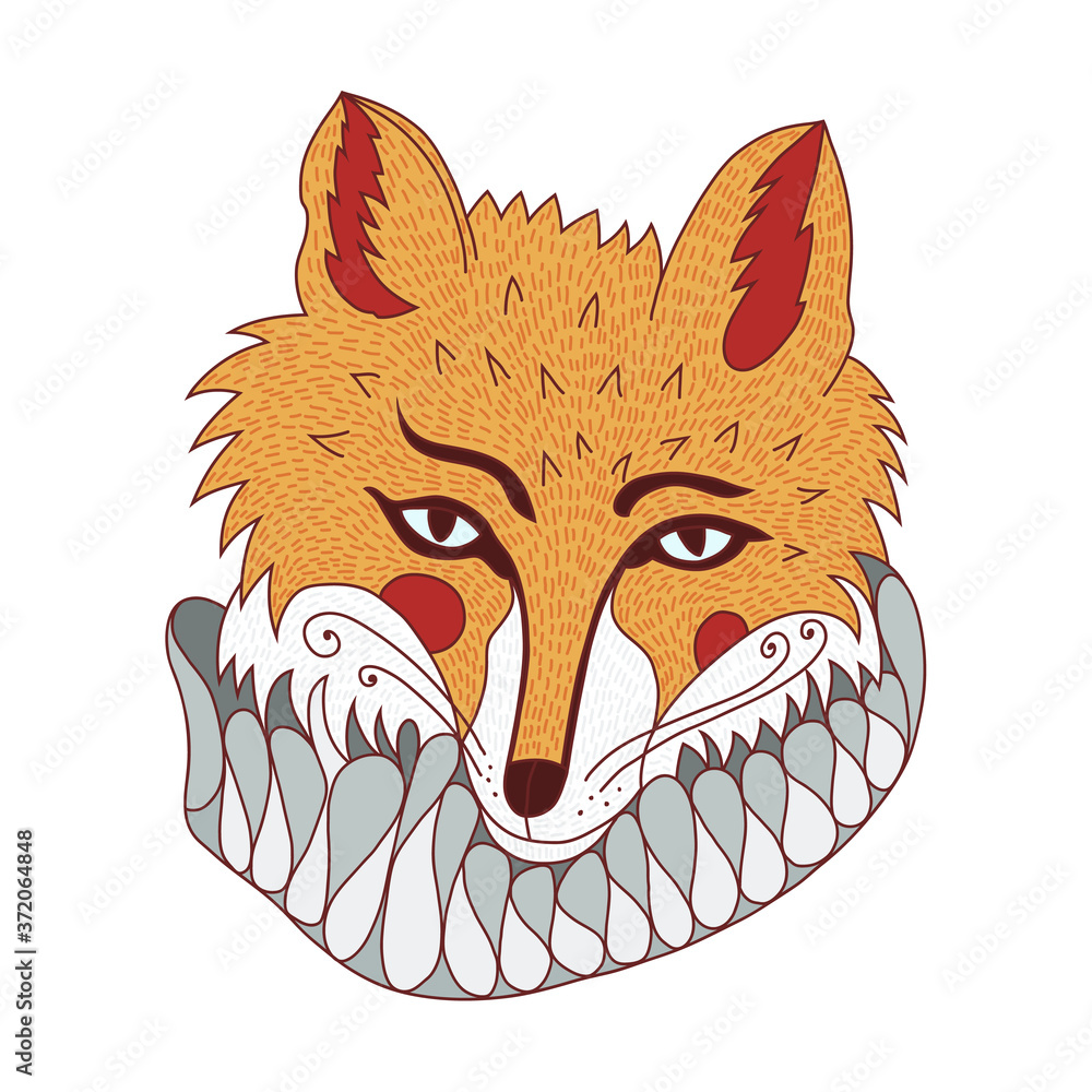 Vector portrait of fairy tail red fox in frill. Animal head on dark ...