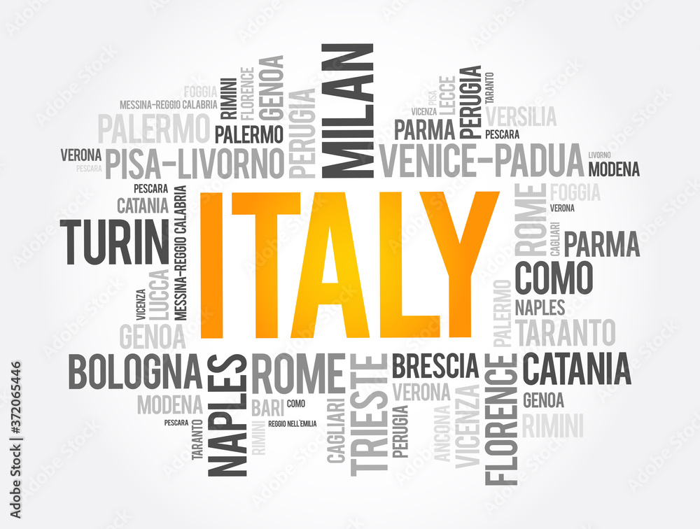 List of cities in Italy, word cloud collage, travel concept background ...
