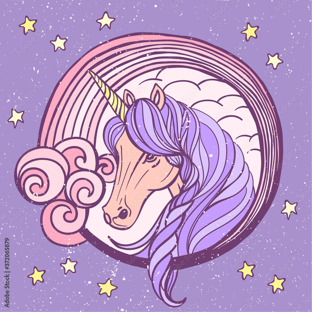 Purple unicorn in fantasy style on purple background. Cartoon vector ...