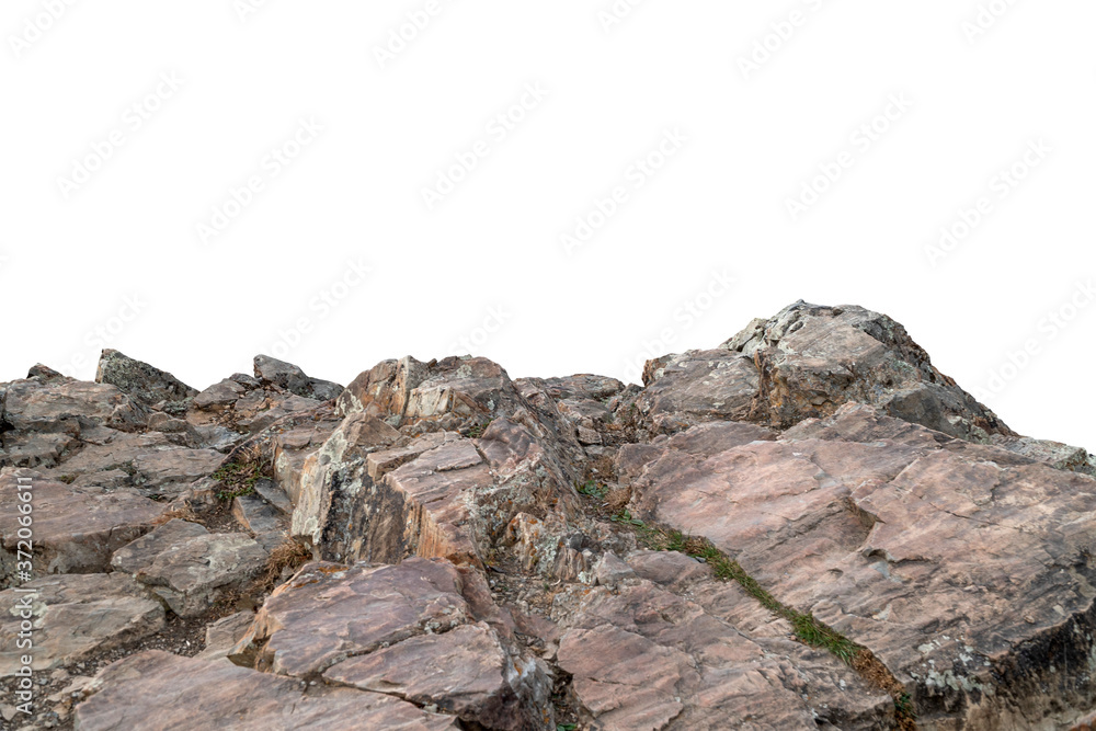 Rock mountain slope foreground close-up isolated on white background ...