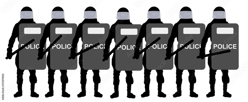 Detachment of riot police with shields and clubs stand in line ...