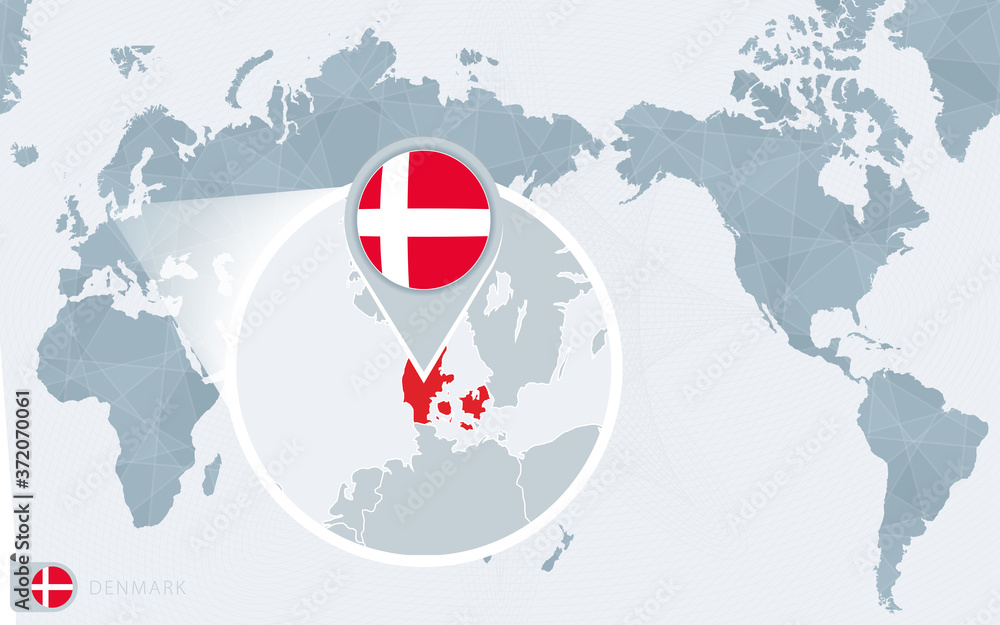 Pacific Centered World map with magnified Denmark. Flag and map of ...