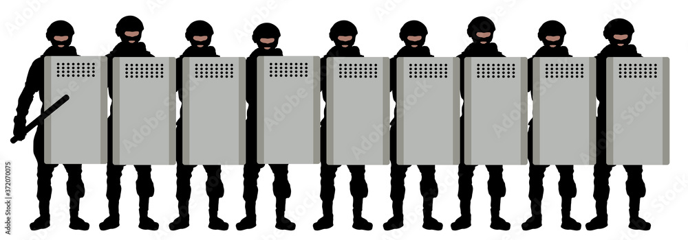 Riot squad crowd with shields. Police special forces with batons ...