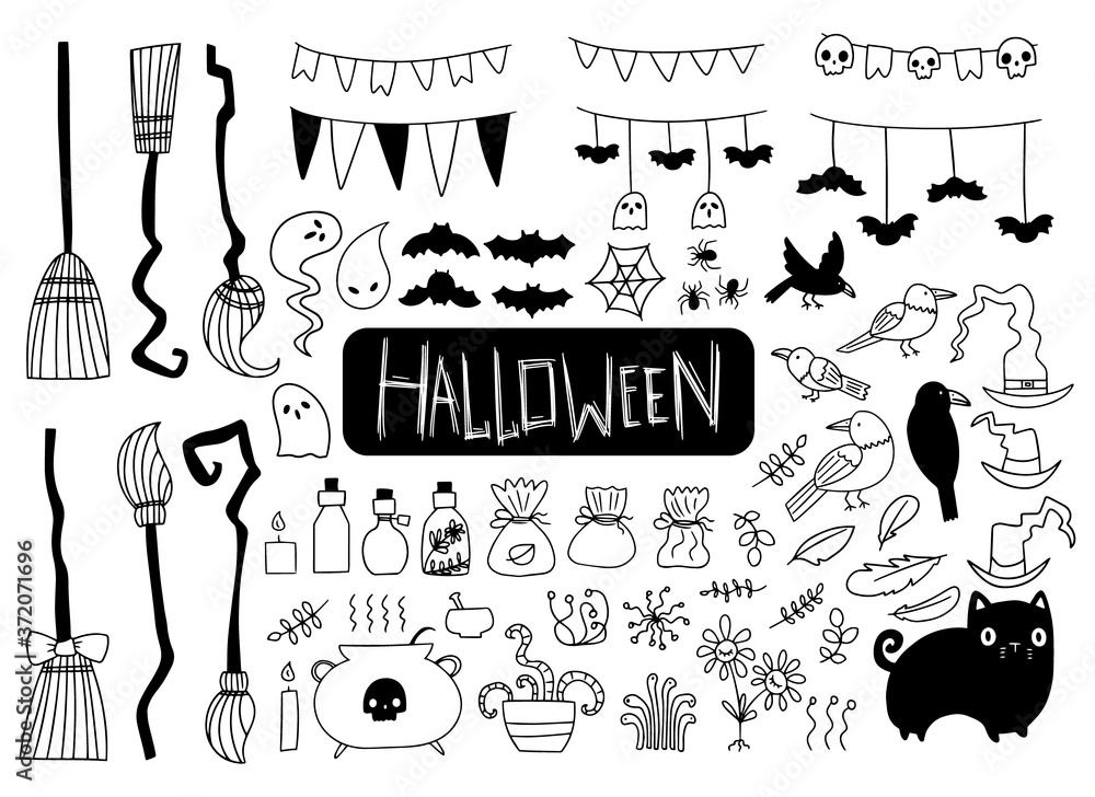 Big halloween set of spooky elements on white background. Drawn by hand ...