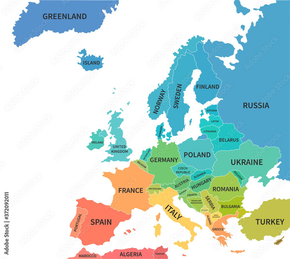 Vector illustration of colorful map. Europe continent with names of ...