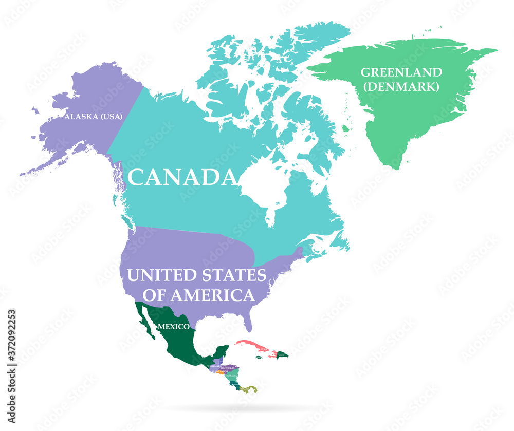 Vector illustration of colorful map. North America continent with names ...