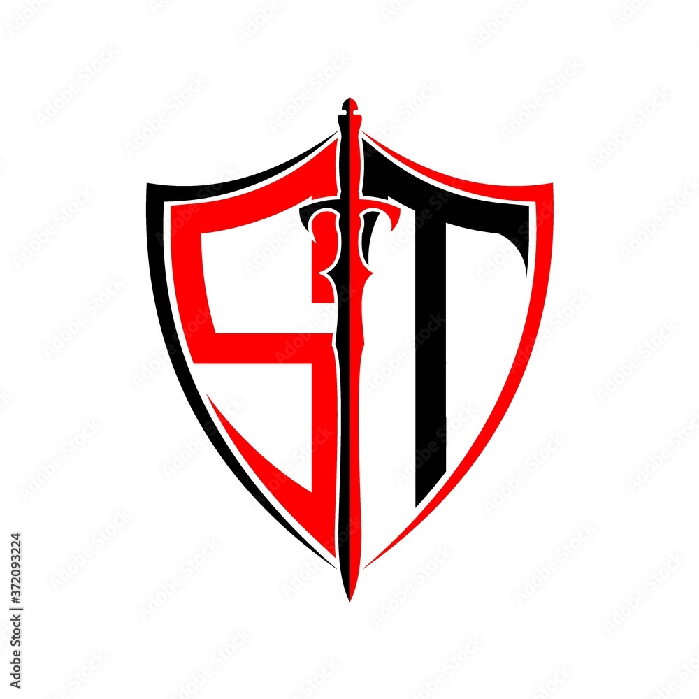 initials S T Shield Armor Sword for logo design inspiration Stock ...