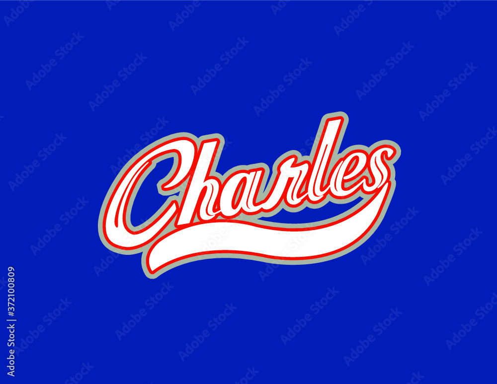 Charles name art designed in a white and red athletic script with blue ...