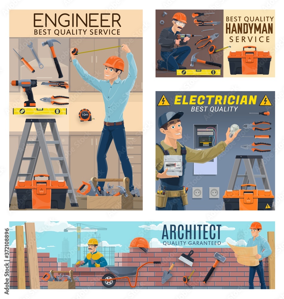 Builder engineer and architect, electrician worker and home repair ...