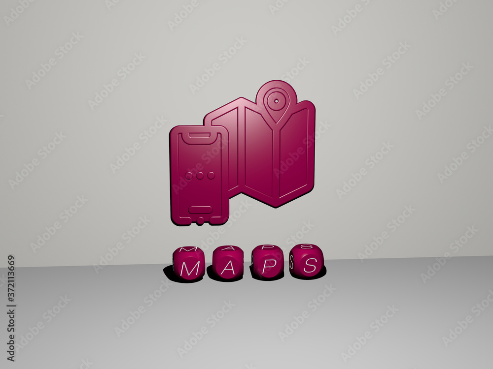 maps 3D icon on the wall and text of cubic alphabets on the floor, 3D ...
