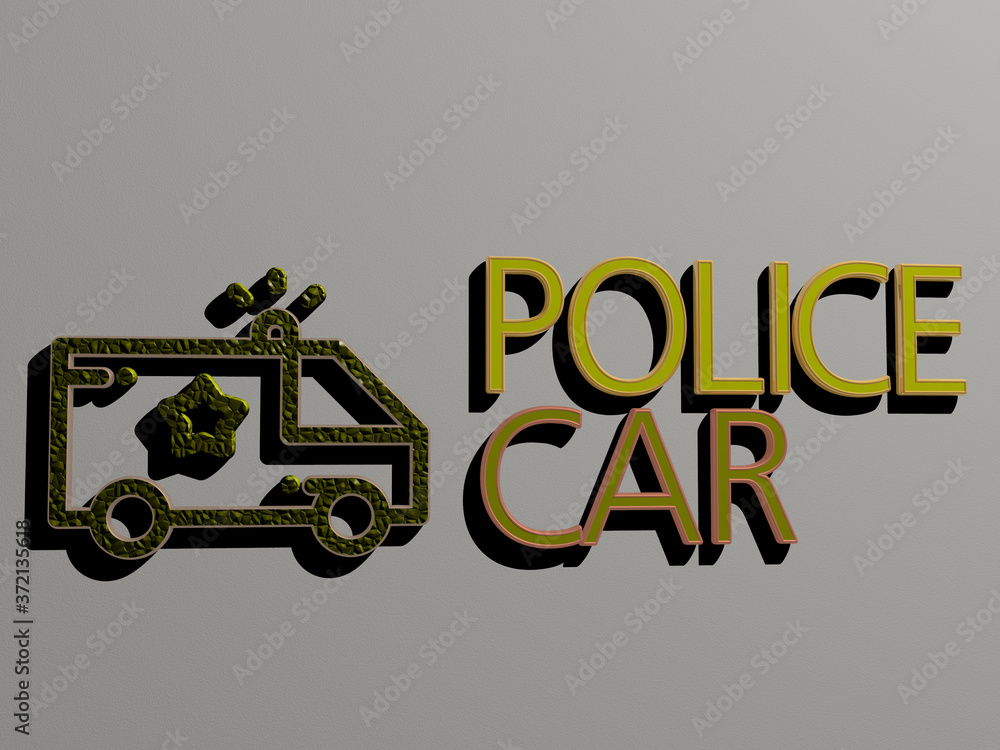 police car icon and text on the wall, 3D illustration for editorial and ...