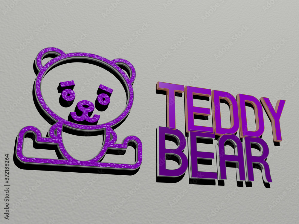 TEDDY BEAR icon and text on the wall, 3D illustration for cute and ...