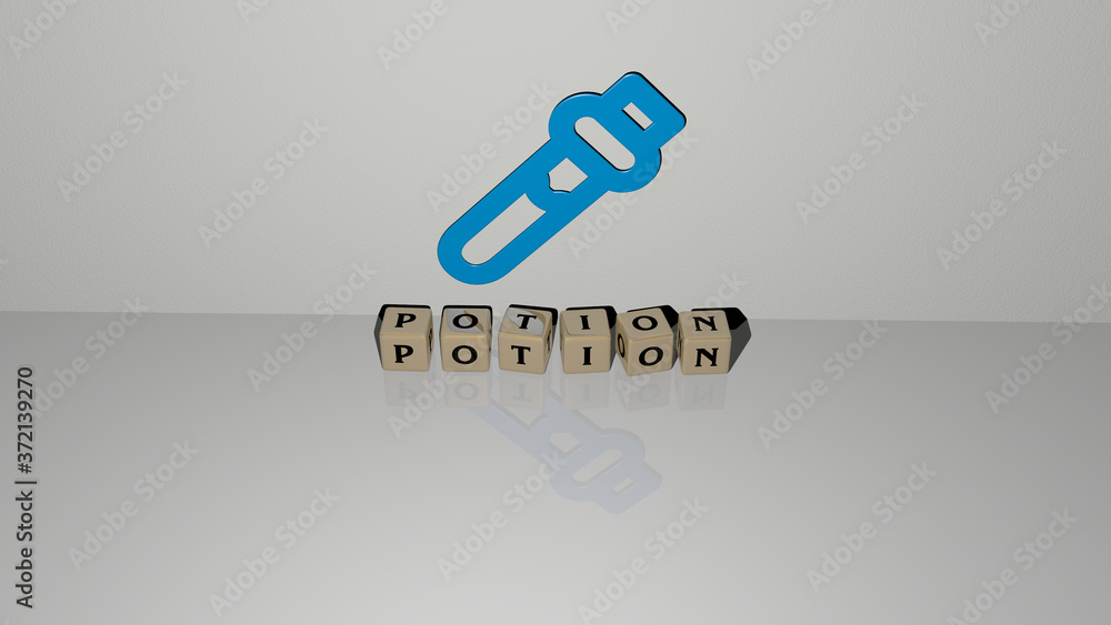 potion text of cubic dice letters on the floor and 3D icon on the wall ...