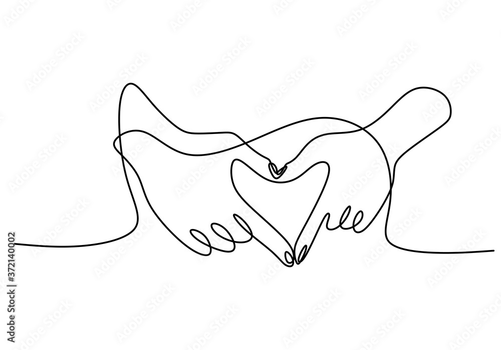One continuous line drawing of hands showing love sign. Hands woman and ...