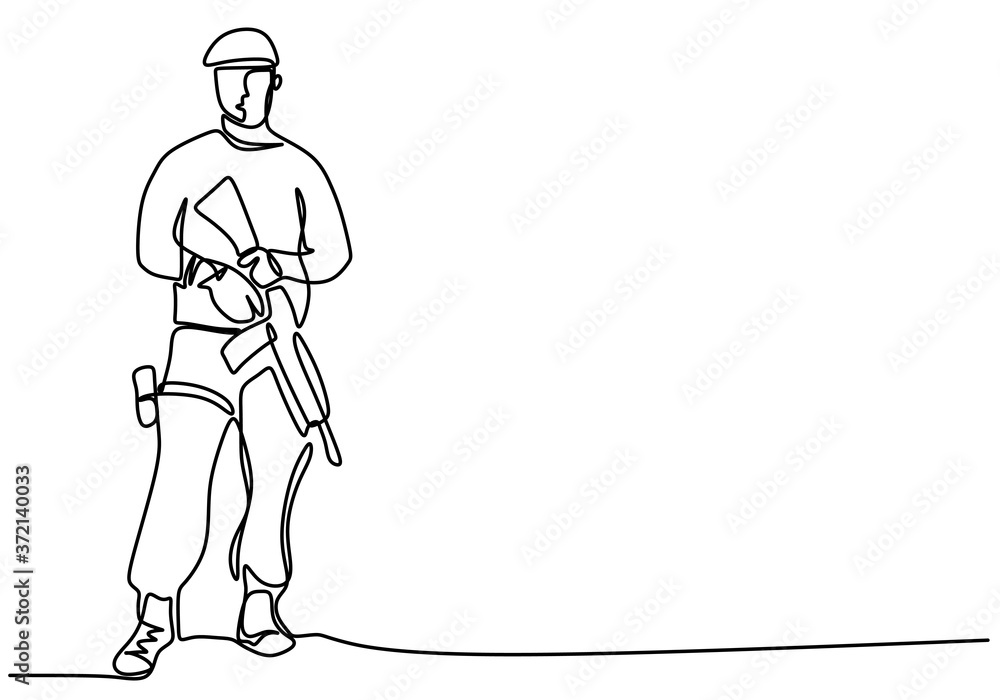 One continuous line drawing of army with uniform. Soldier army man with ...