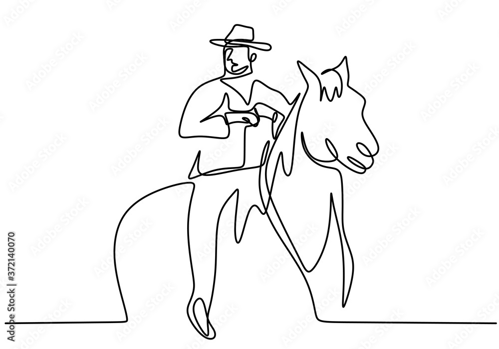 One continuous drawing line young man with a cowboy hat riding a horse ...