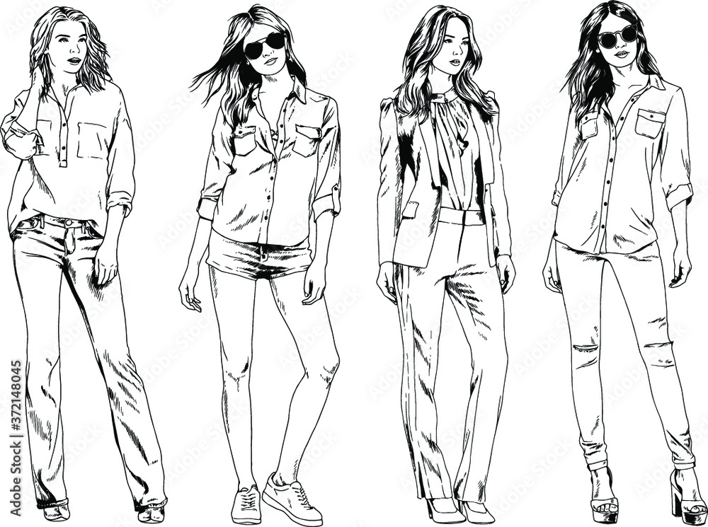 vector drawings on the theme of beautiful slim sporty girl in casual ...
