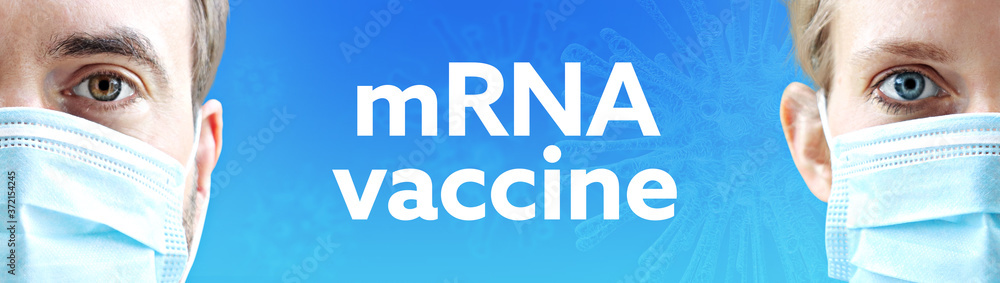 mRNA vaccine. Faces of man and woman with face mask. Couple wearing ...