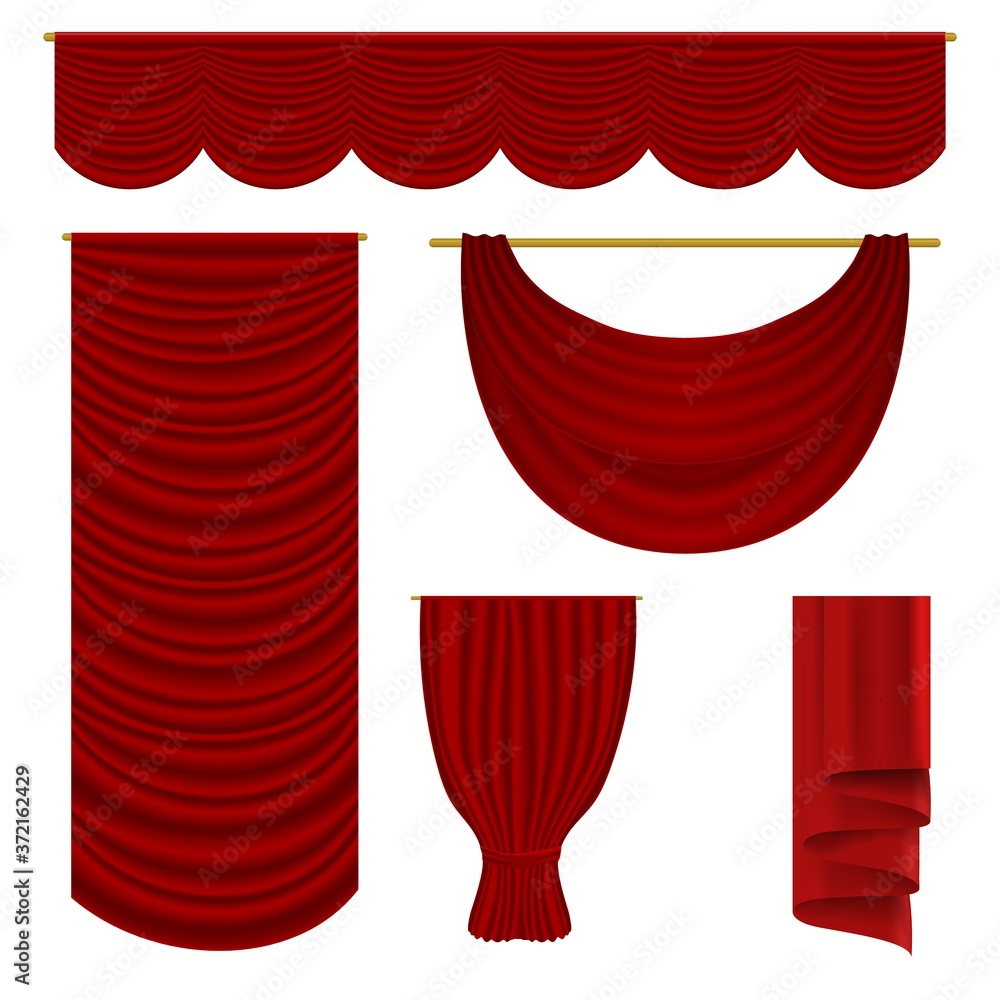 Red drapery set. Isolated vector realistic velvet textile decoration ...