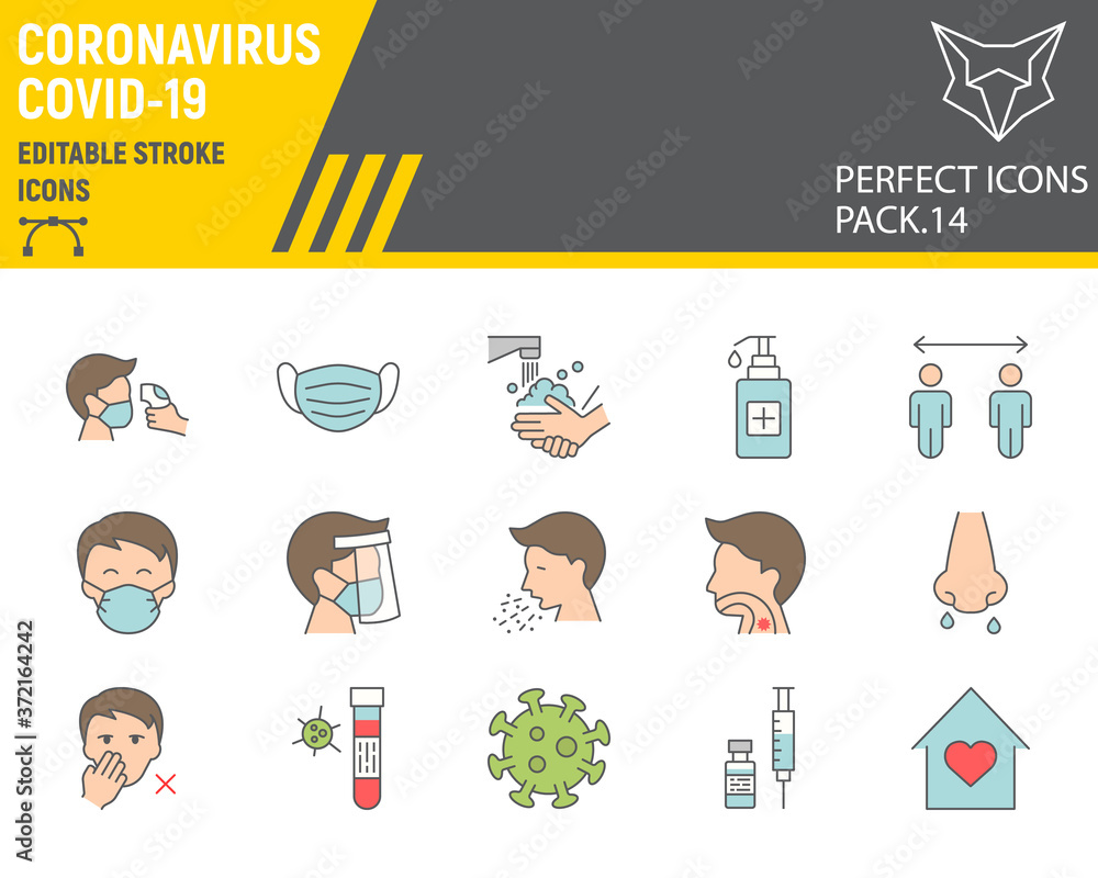 Coronavirus color line icon set, prevention collection, vector sketches ...