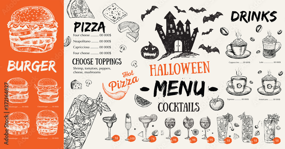 Halloween menu. Restaurant cafe menu, template design. Food flyer ...