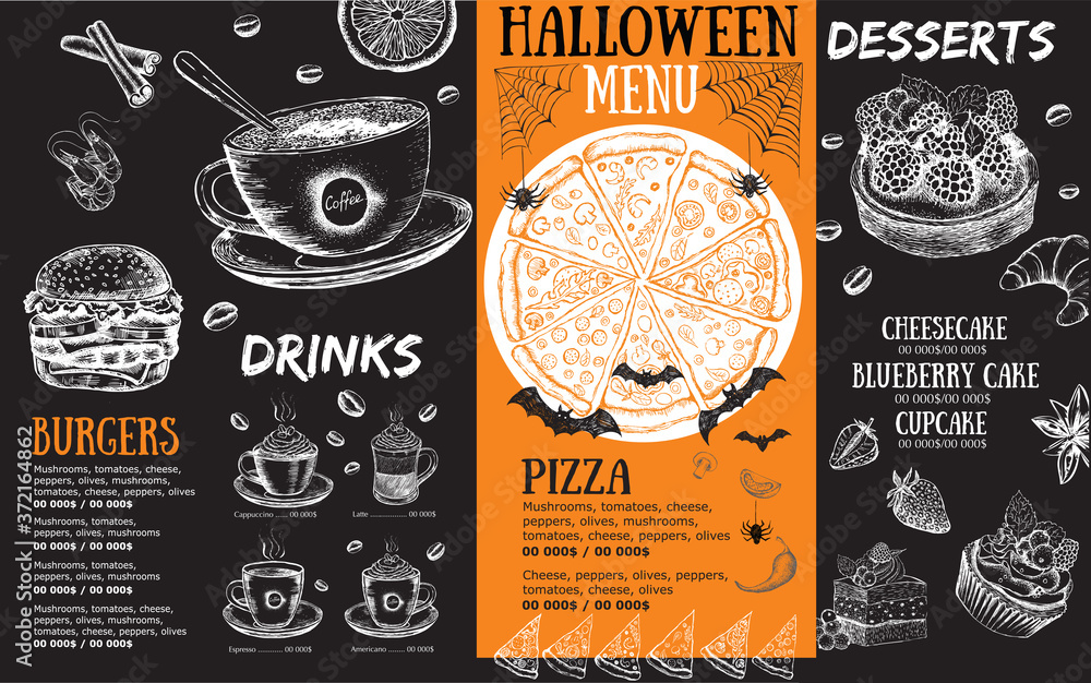 Halloween menu. Restaurant cafe menu, template design. Food flyer ...