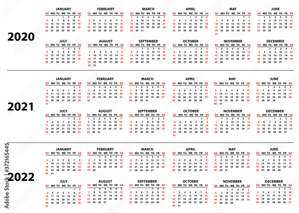 Calendar for 2020, 2021 and 2022 years in English in simple style on a ...