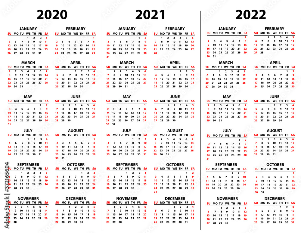 Calendar for 2020, 2021 and 2022 years in English in simple style on a ...