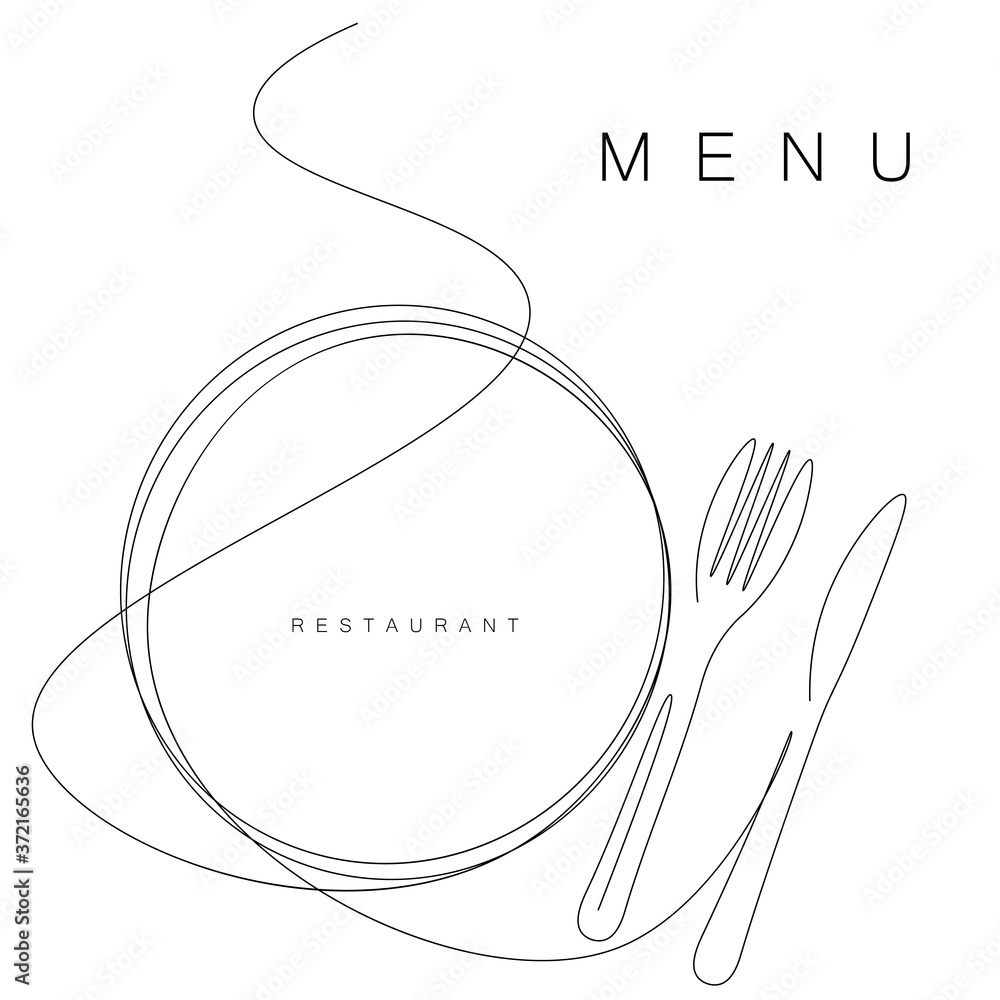 Menu restaurant fork and knife one line drawing. Vector illustration ...