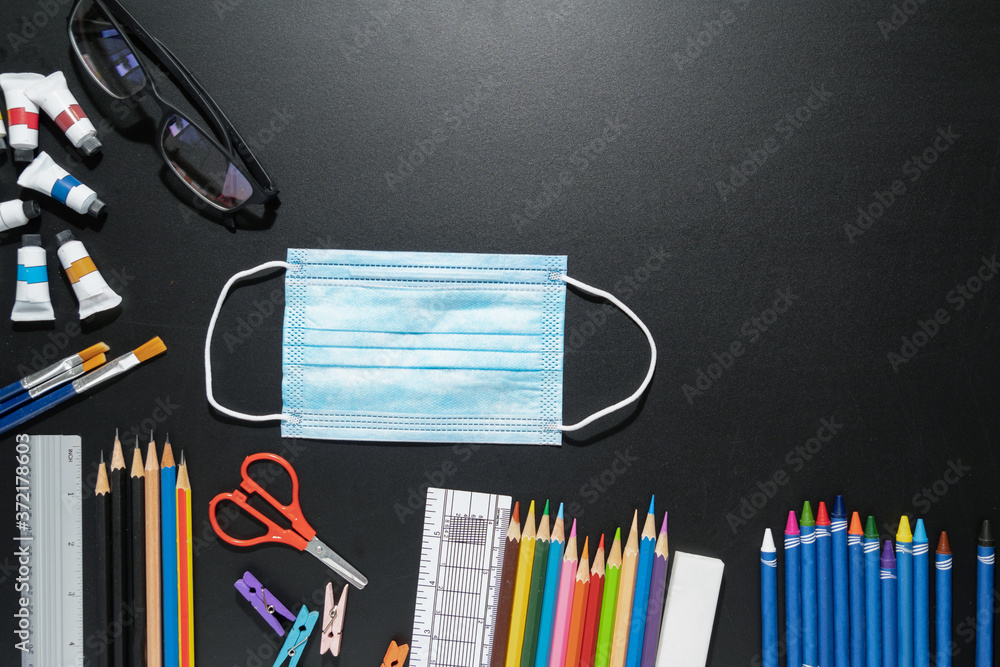 School is back to open after the epidemic coronavirus. School supplies ...