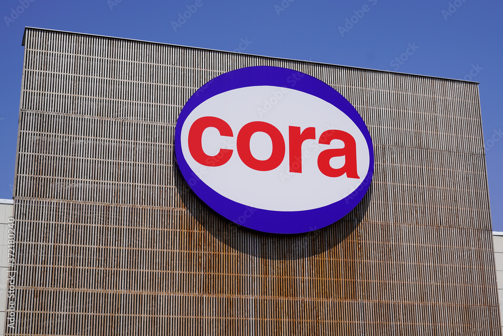 Cora sign blue white and red text logo on hypermarket facade Stock ...