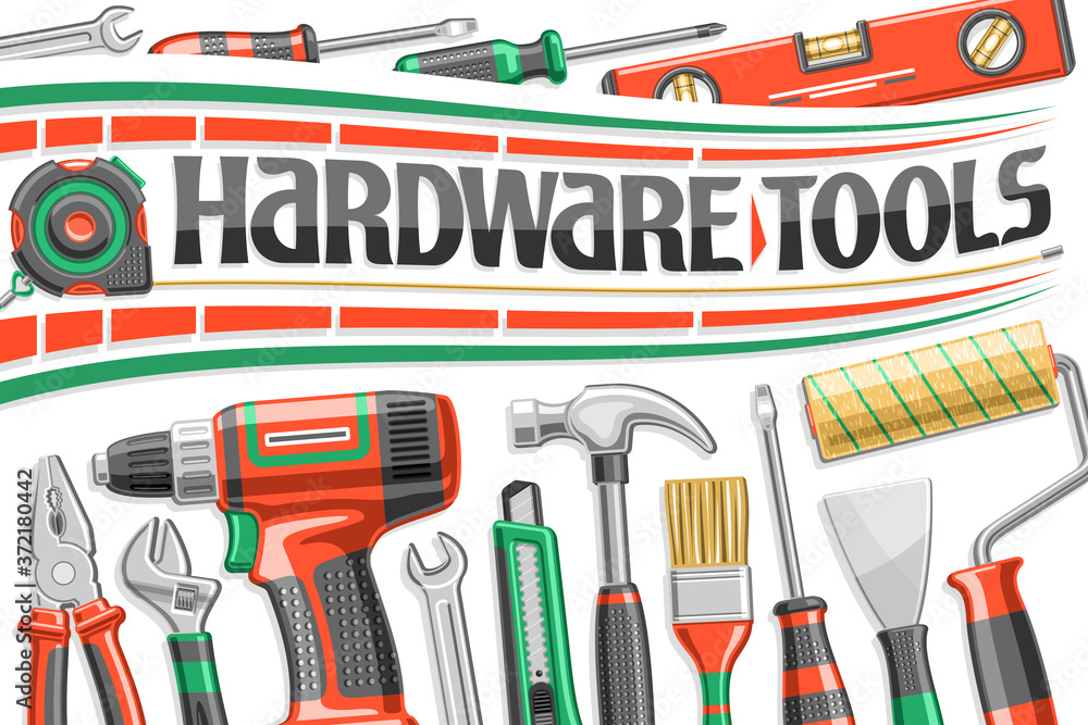 Vector poster for Hardware Tools, decorative sign board with ...