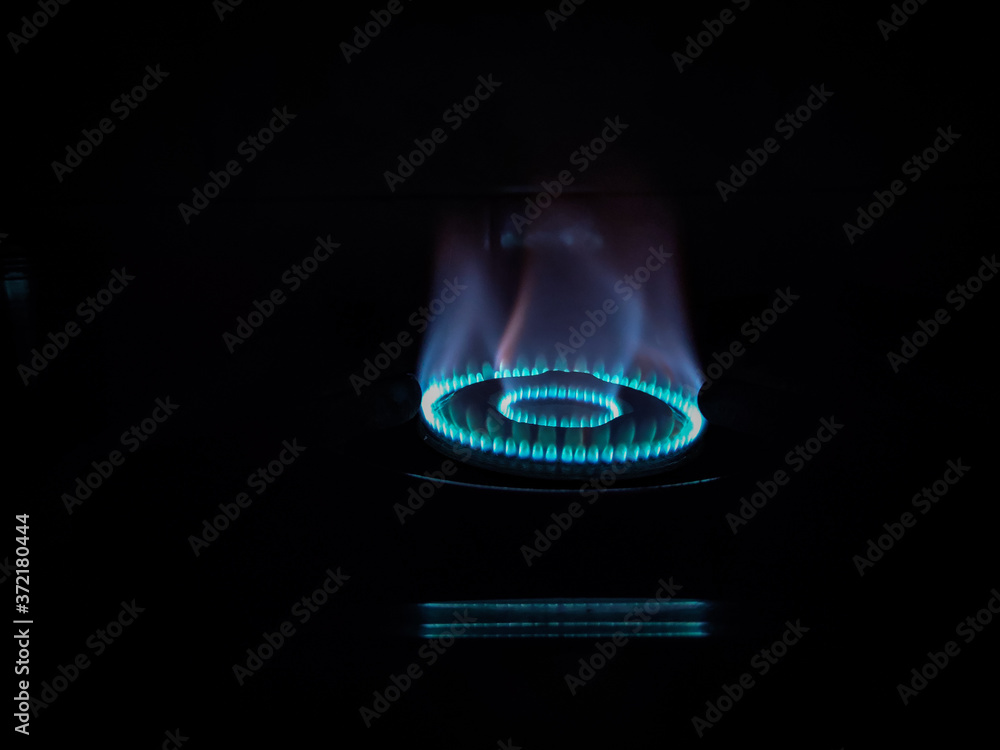 Blue flame on burning gas stove Stock Photo | Adobe Stock