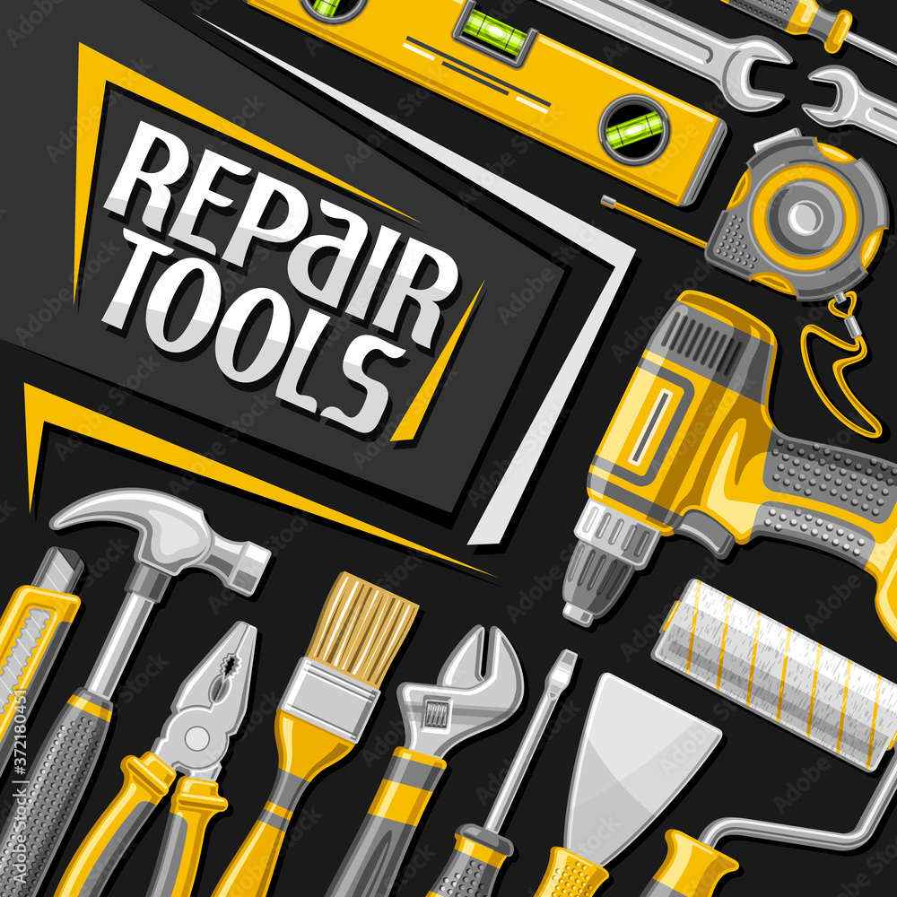 Vector poster for Repair Tools, square decorative sign board with ...